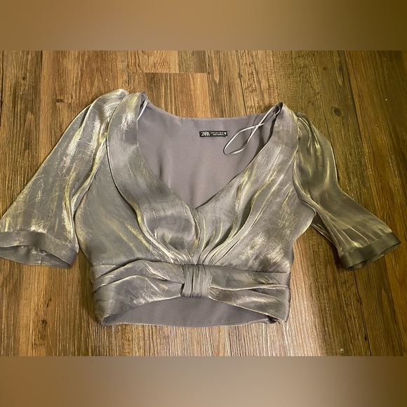 Zara | Tops | Zara Silver Metallic Crop Top Silky Softside Zipped Crop ...